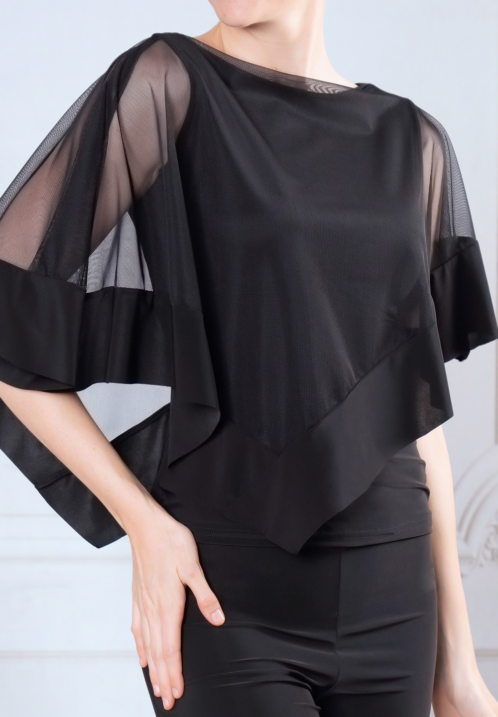 Dance America T912 - Diagonal Mesh Capelet Top | Tops