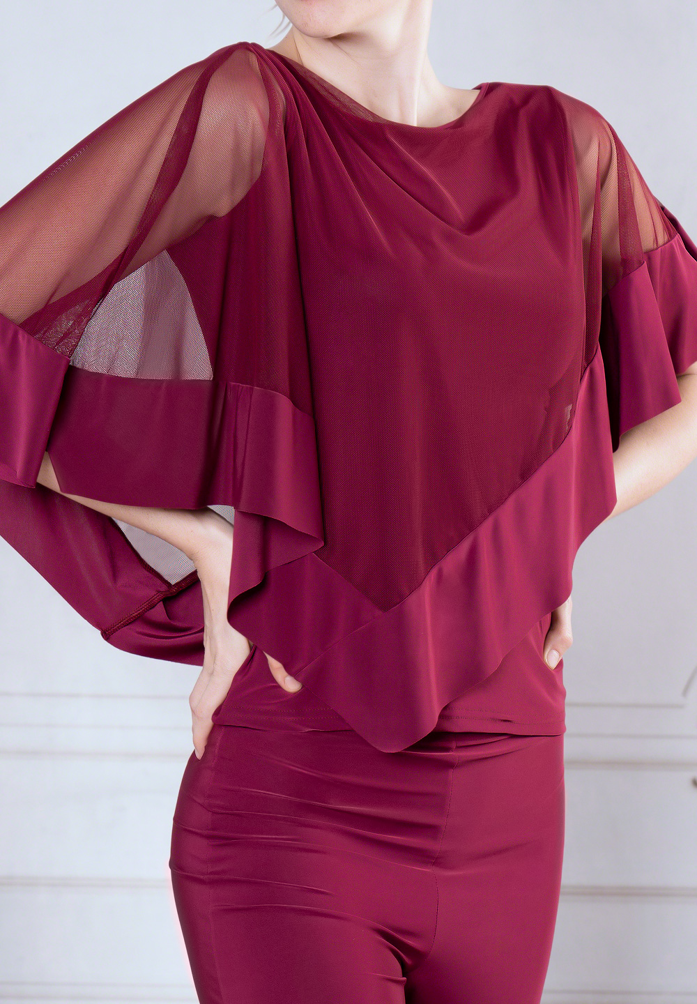 Dance America T912 - Diagonal Mesh Capelet Top | Tops